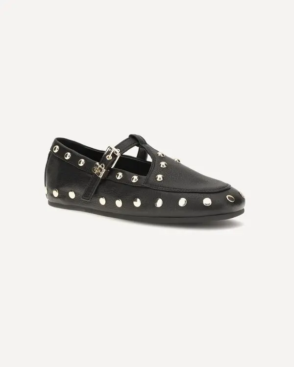 GANNI Mary Jenny Studded Ballerinas In Pebbled Leather - Black