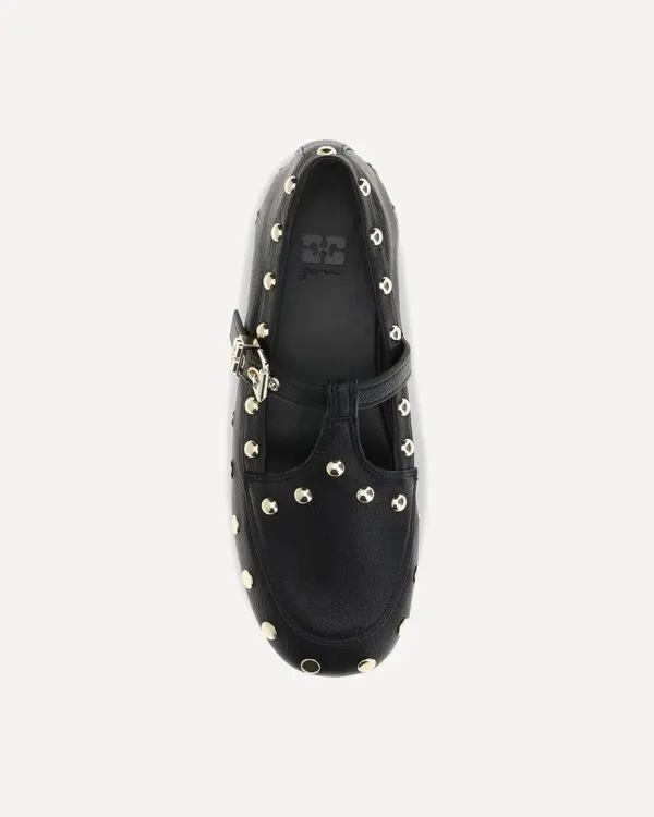 GANNI Mary Jenny Studded Ballerinas In Pebbled Leather - Black