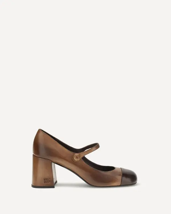 Miu Miu Leather Mary Jane Ballerinas With Block Heel - Brown