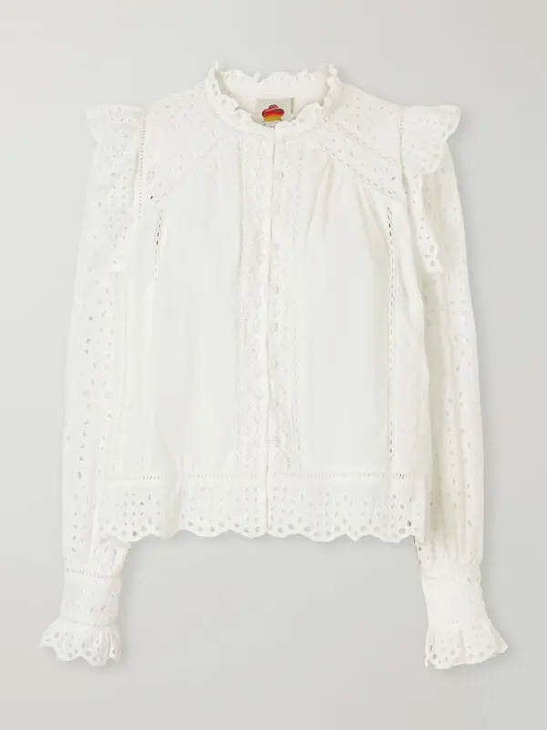 Farm Rio Ruffled Broderie Anglaise-trimmed Cotton Blouse - White