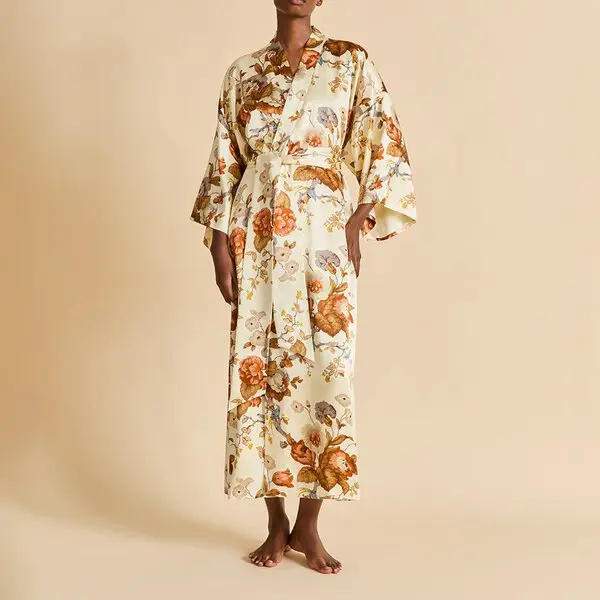 Olivia Von Halle Queenie Violette Floral Robe - Cream