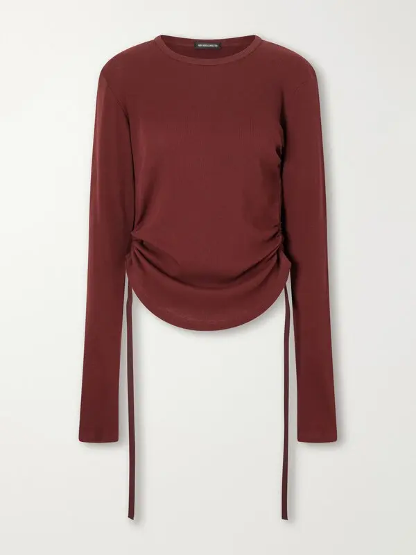 ANN DEMEULEMEESTER Gathered Ribbed Cotton T-shirt - Burgundy