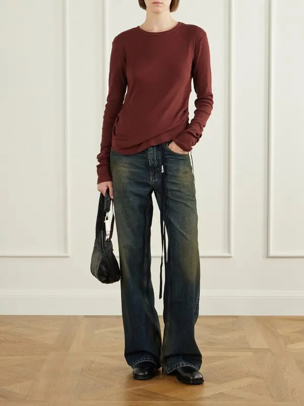 ANN DEMEULEMEESTER Gathered Ribbed Cotton T-shirt - Burgundy
