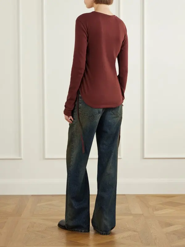 ANN DEMEULEMEESTER Gathered Ribbed Cotton T-shirt - Burgundy