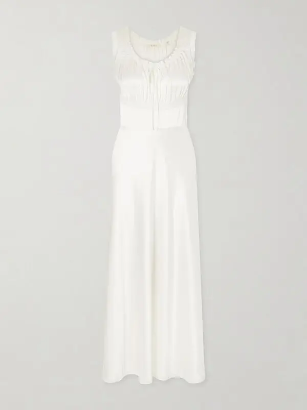 DÔEN Adalie Lace-trimmed Gathered Silk-satin Midi Dress - Neutrals