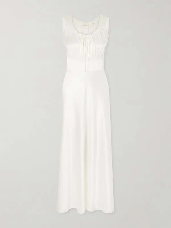 DÔEN Adalie Lace-trimmed Gathered Silk-satin Midi Dress - Off-white