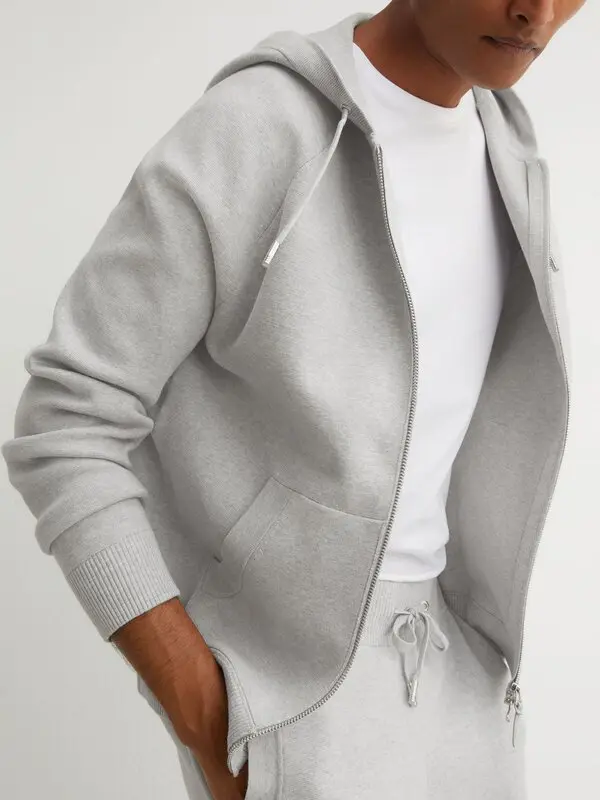REISS Manchester R-flex Zip-through Knitted Hoodie - Soft Grey