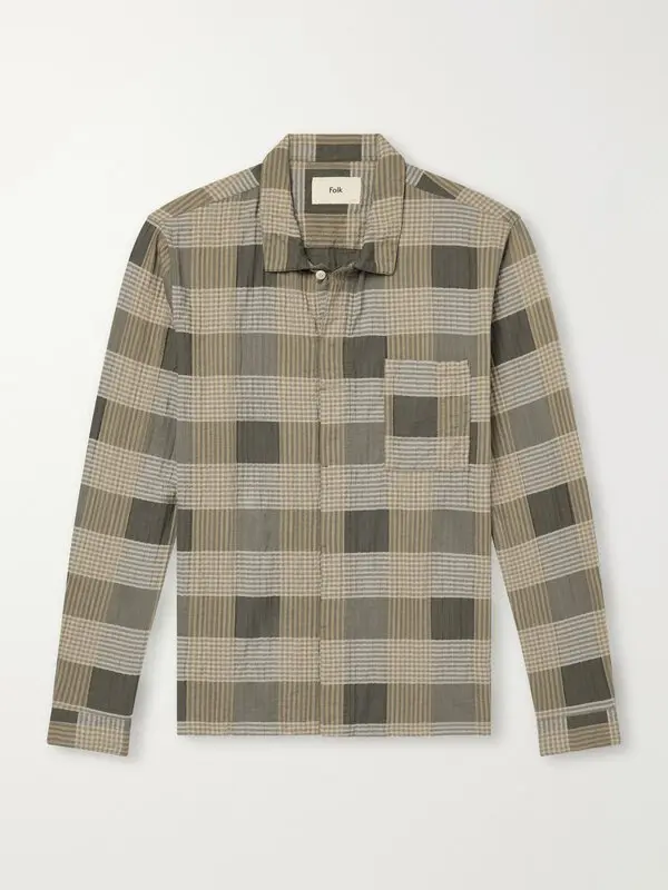 Folk Patch Checked Cotton-blend Seersucker Shirt - Green