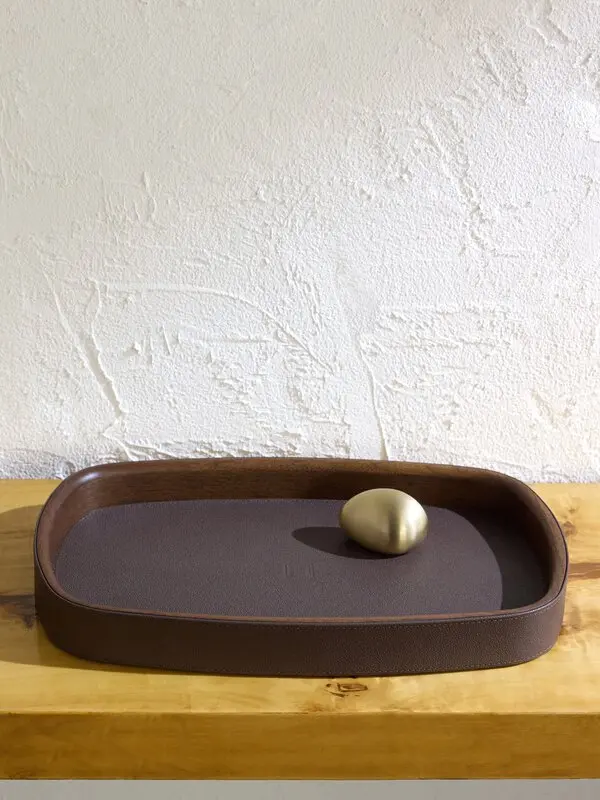 Assouline Pebble Leather-trimmed Wood Tray - Brown