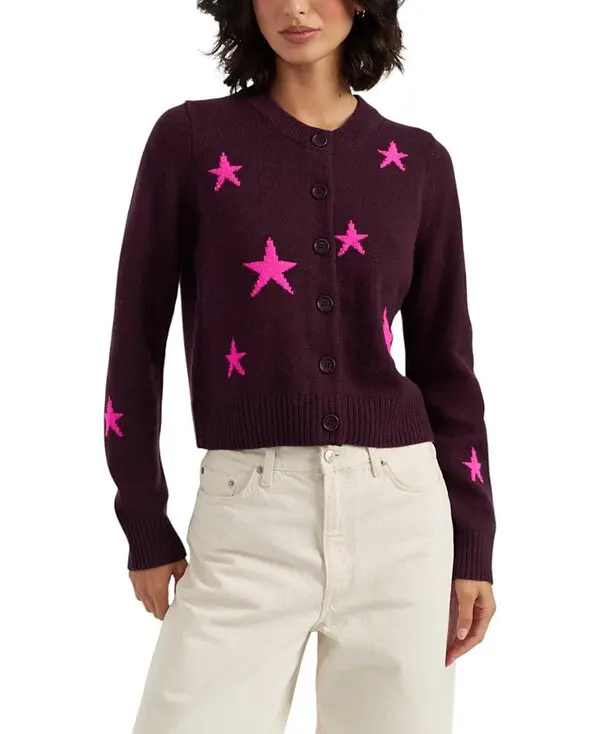 Chinti & Parker Wool-cashmere Star Round-neck Cardigan - Aubergine