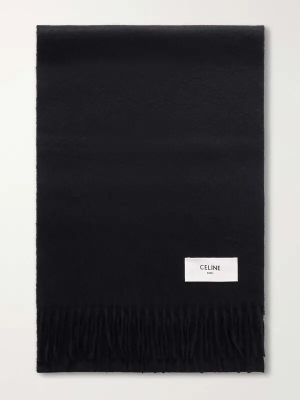 Celine Logo-appliquéd Fringed Cashmere Scarf - Black