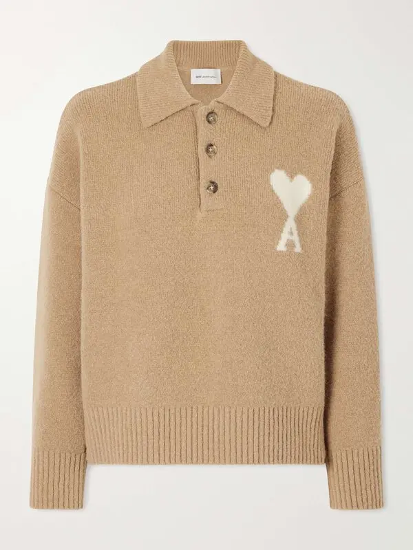 AMI Paris Logo-embroidered Wool-blend Polo Shirt - Tan