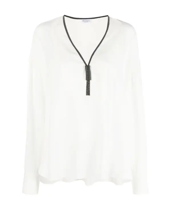 Brunello Cucinelli Monili-trimmed V-neck Long-sleeve Blouse - Black