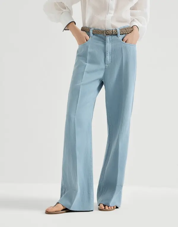 Brunello Cucinelli Garment-dyed Cotton And Linen Loose Trousers With Monili - Blue