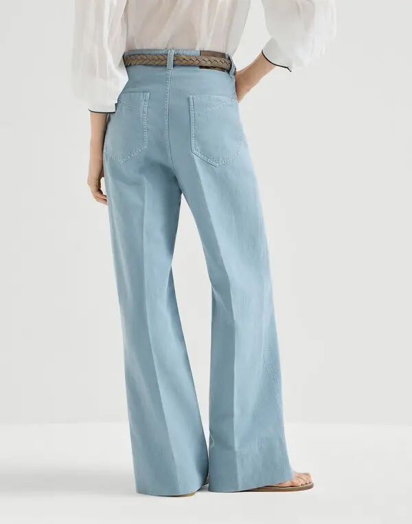 Brunello Cucinelli Garment-dyed Cotton And Linen Loose Trousers With Monili - Blue