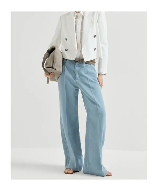 Brunello Cucinelli Garment-dyed Cotton And Linen Loose Trousers With Monili - Blue