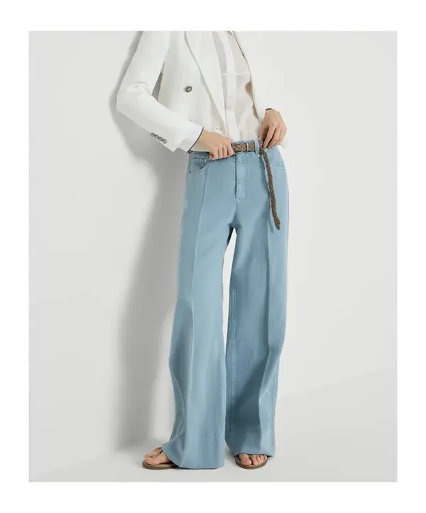 Brunello Cucinelli Garment-dyed Cotton And Linen Loose Trousers With Monili - Blue
