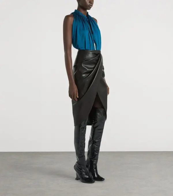 Balmain Lambskin Draped Midi Skirt