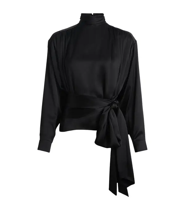 Balmain Silk Satin Tie-neck Blouse - Black