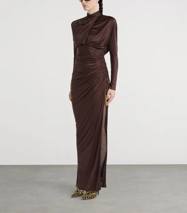 Balmain Draped Long-sleeve Maxi Dress