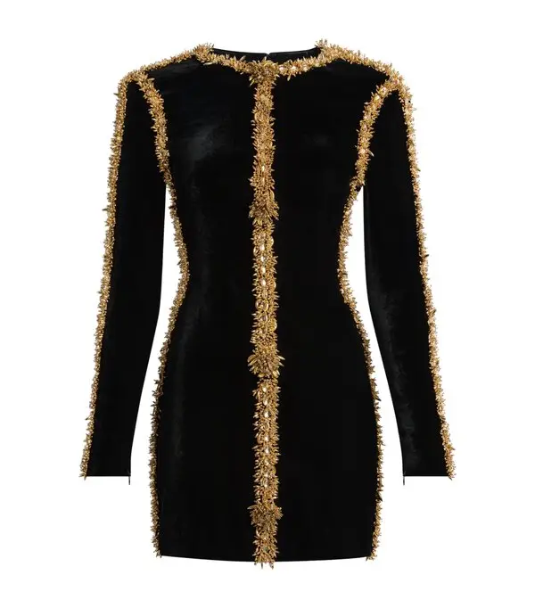Balmain Velvet Beaded-trim Mini Dress - Black