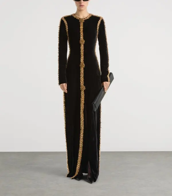 Balmain Velvet Beaded-trim Maxi Dress