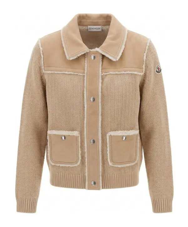 Moncler Long Sleeve Knit Top With Suede Accents
