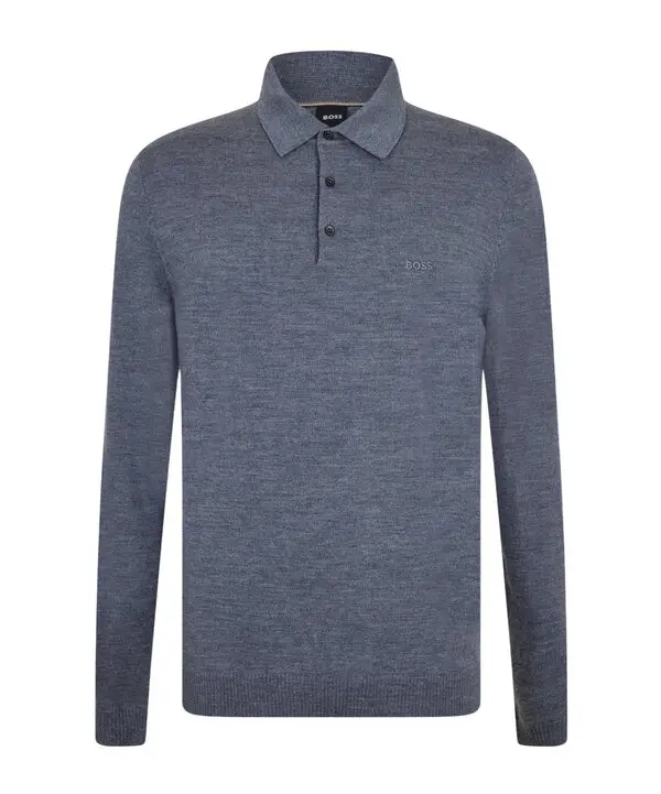 Hugo Boss Heatherblue Knit Longsleeve Polo Shirt - Grey