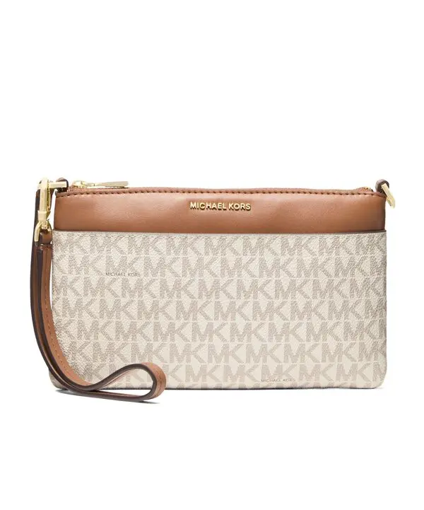 Michael Kors Monogram Coatedcanvas And Leather Wristlet Crossbody Bag - Nude