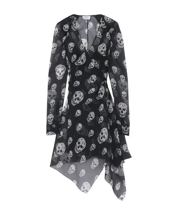 Alexander McQueen Silk Skull Print Wrap Dress - Black/white