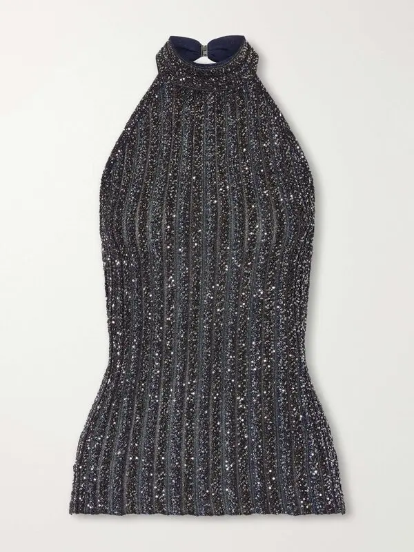Missoni Sequin-embellished Striped Crochet-knit Halterneck Top - Metallic