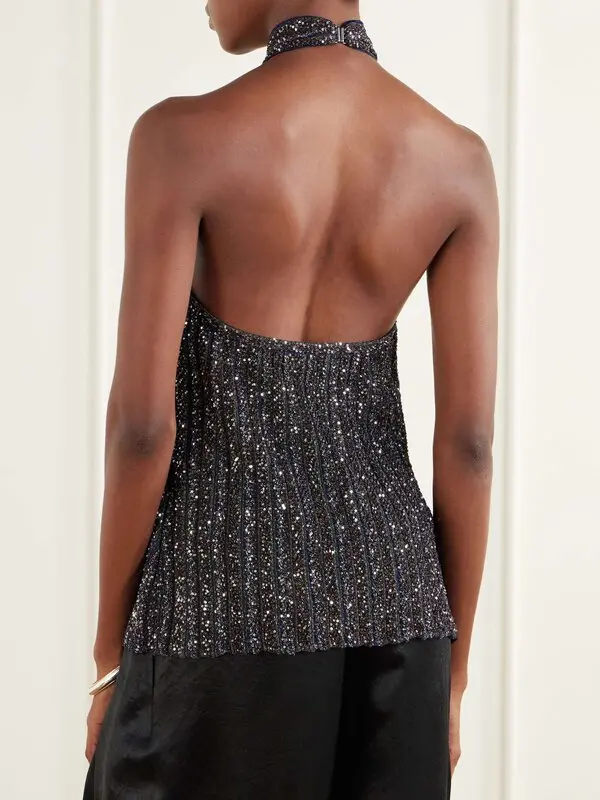 Missoni Sequin-embellished Striped Crochet-knit Halterneck Top