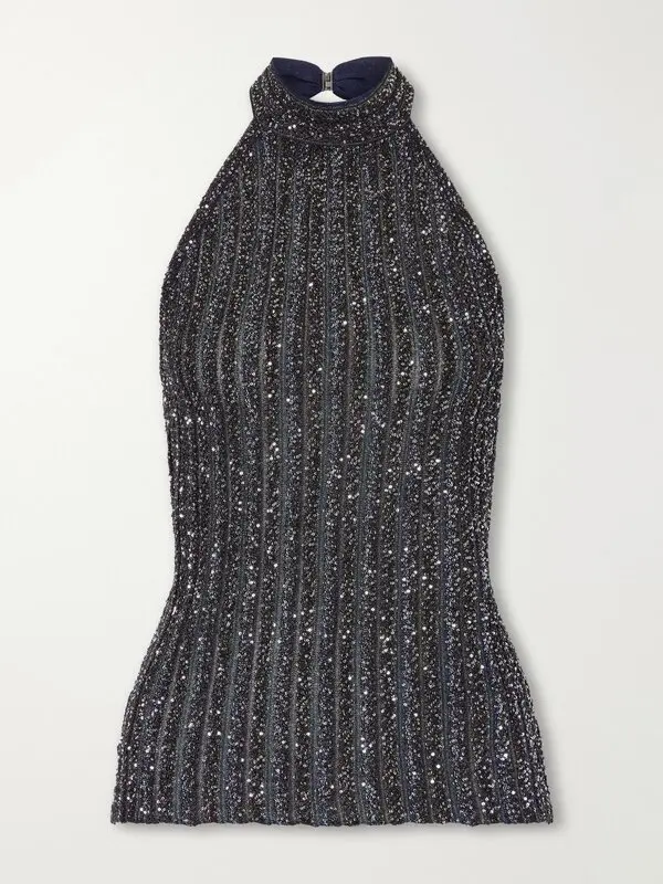 Missoni Sequin-embellished Striped Crochet-knit Halterneck Top - Metallic