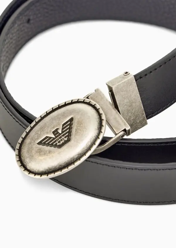 Emporio Armani Suede And Grained Leather Belt With Oval Logo Plaque