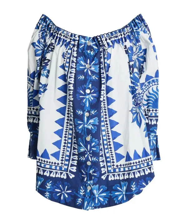 Farm Rio Off-the-shoulder Long-sleeve Floral Shirt - Blue