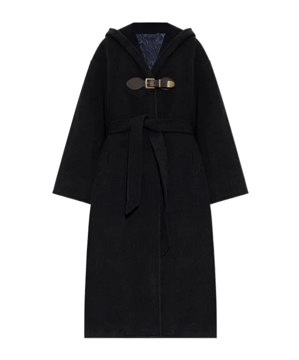 Etro Wool-blend Coat With Hood And Belt - Black