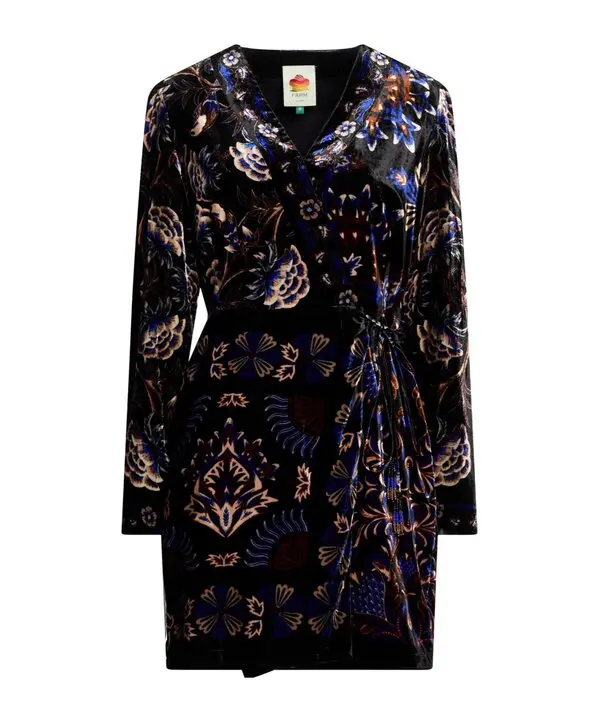 Farm Rio Floral Print Velvet Dress - Black