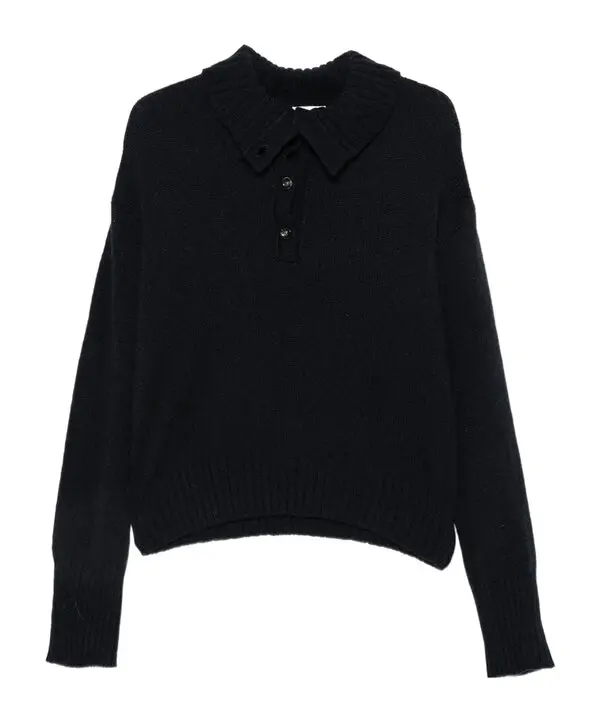 ROBERTO COLLINA Collared Henley Cropped Knit Sweater - Navy
