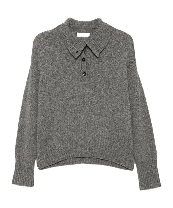 ROBERTO COLLINA Collared Henley Cropped Knit Sweater - Gray