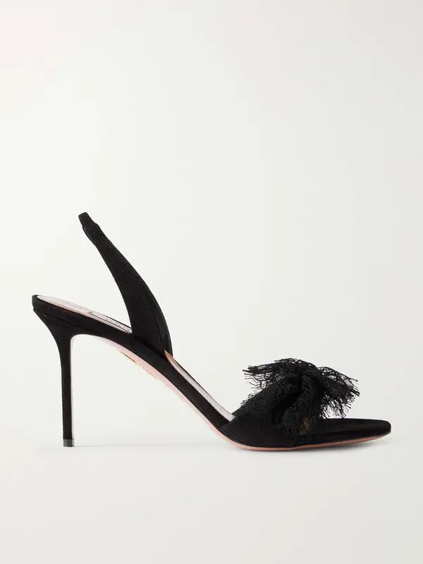 AQUAZZURA Lover 85 Lace-trimmed Suede Slingback Sandals - Black