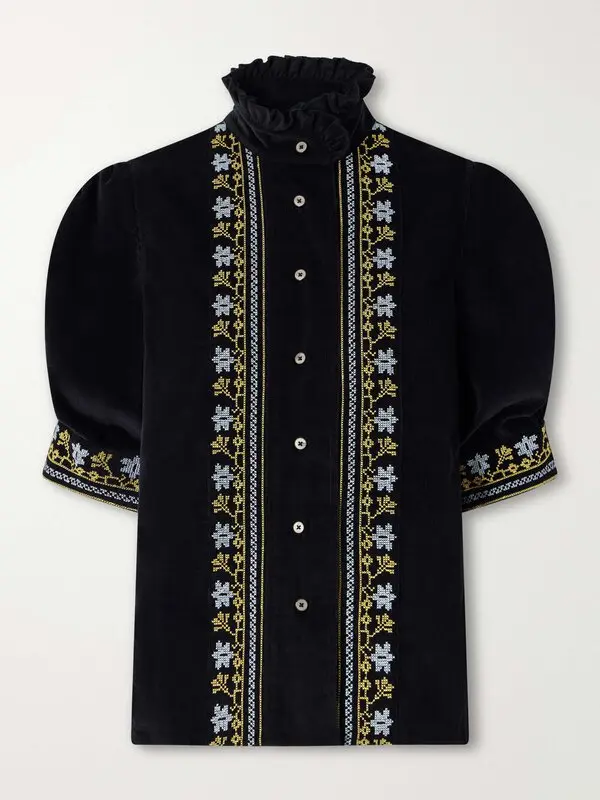 Thierry Colson Vita Embroidered Cotton And Wool-blend Corduroy Blouse - Black