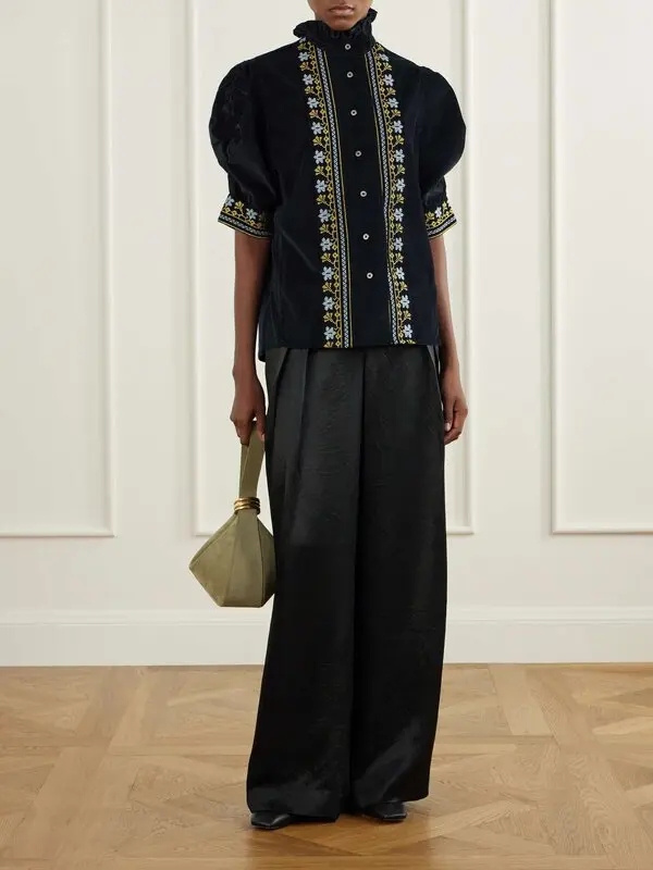 Thierry Colson Vita Embroidered Cotton And Wool-blend Corduroy Blouse