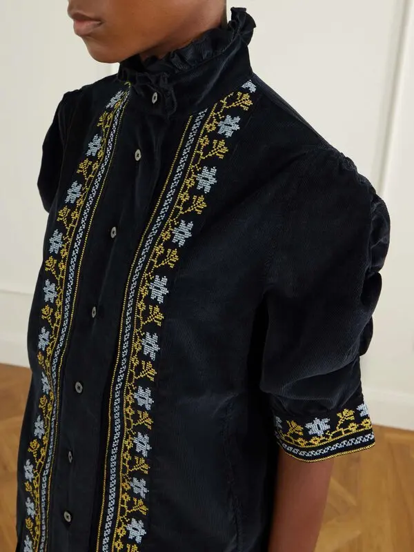 Thierry Colson Vita Embroidered Cotton And Wool-blend Corduroy Blouse