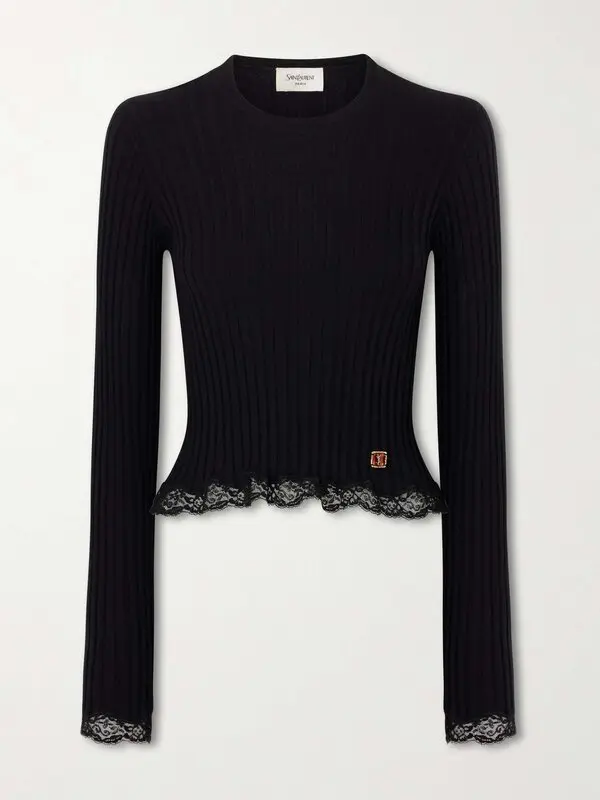 Saint Laurent Lace-trimmed Ribbed Wool, Cashmere And Silk-blend Knitwear - Black