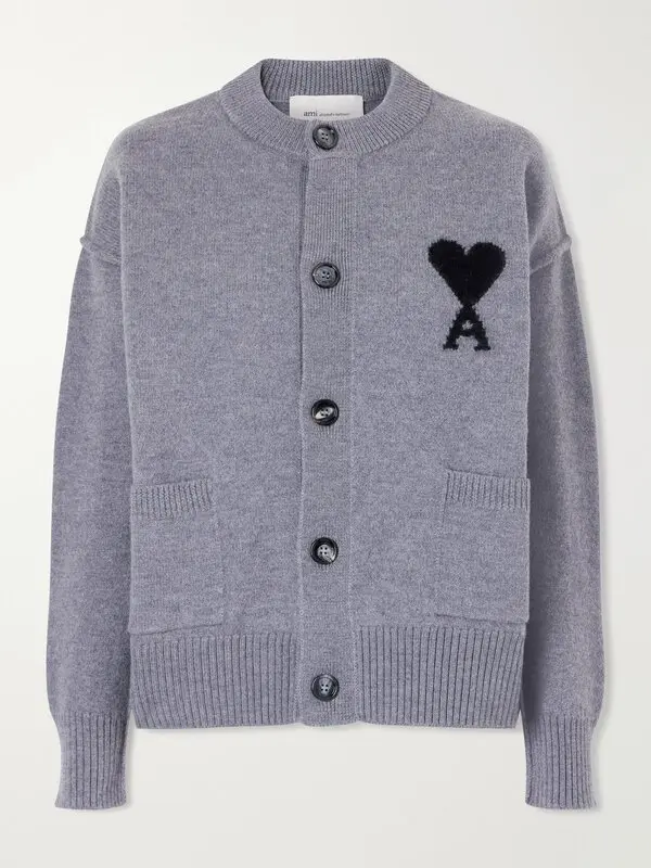 AMI Paris Intarsia Wool Cardigan - Gray
