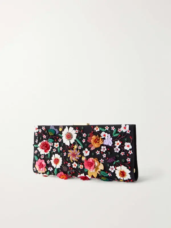 Carolina Herrera Floral-embellished Silk-faille Clutch