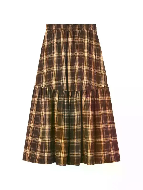 FINGERCROXX Plaid Tiered Midi Skirt - Brown