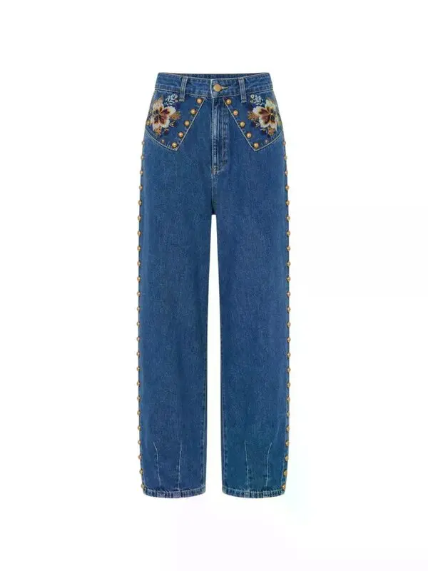 Farm Rio Stud-embellished Floral-embroidered Jeans - Blue