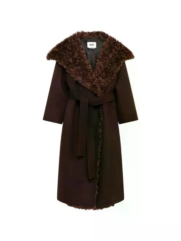 MSGM Shearling-trim Belted Coat - Brown
