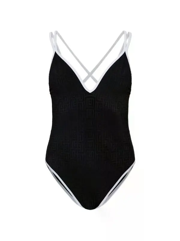 Balmain Monogram-pattern Cross-strap Swimsuit - Black